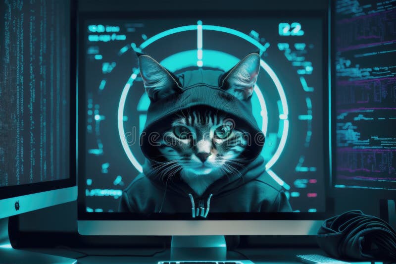 Cat Hacker or Program Develper with Laptop Illustration. Funny Pet ...