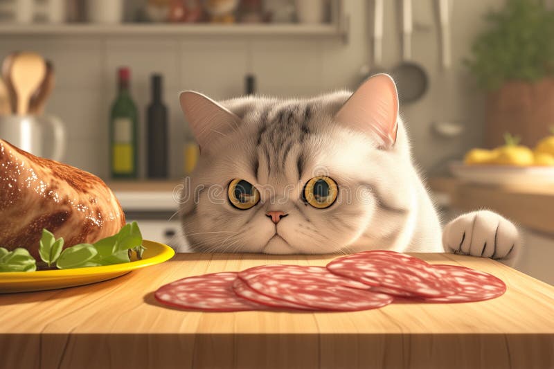 Cat and Ham on the Table in the Kitchen. 3d Rendering. Stock ...