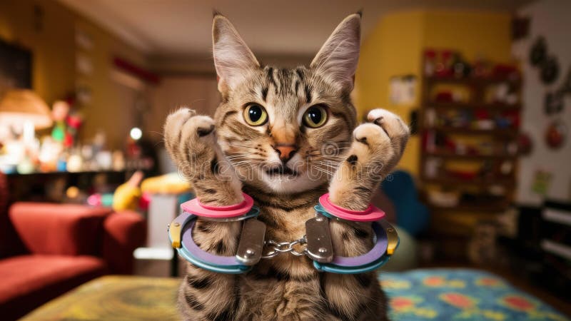 A Cat with Hands Cuffed Behind Its Back in a Room, AI Stock Photo ...