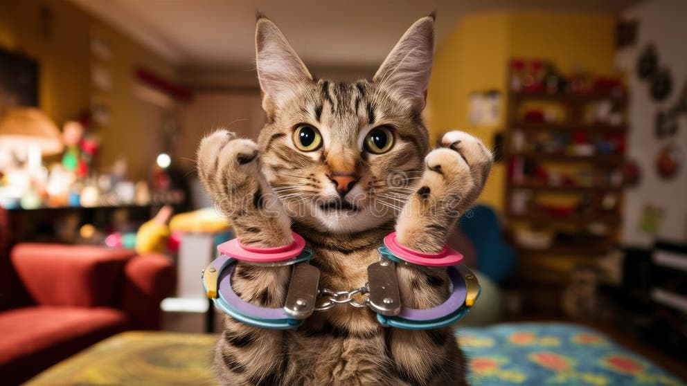 A Cat with Hands Cuffed Behind Its Back in a Room, AI Stock Photo ...