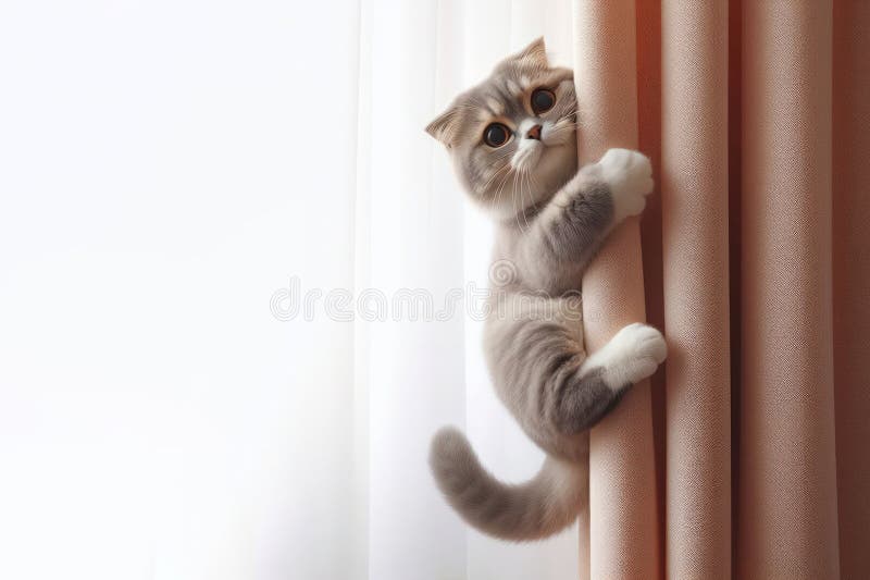 A Cat Hanging on a Curtain. Space for Text. Stock Photo - Image of ...