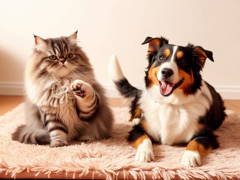 Cat and Happy Dog Together. a Cute Cat and Happy Australian Shepherd ...