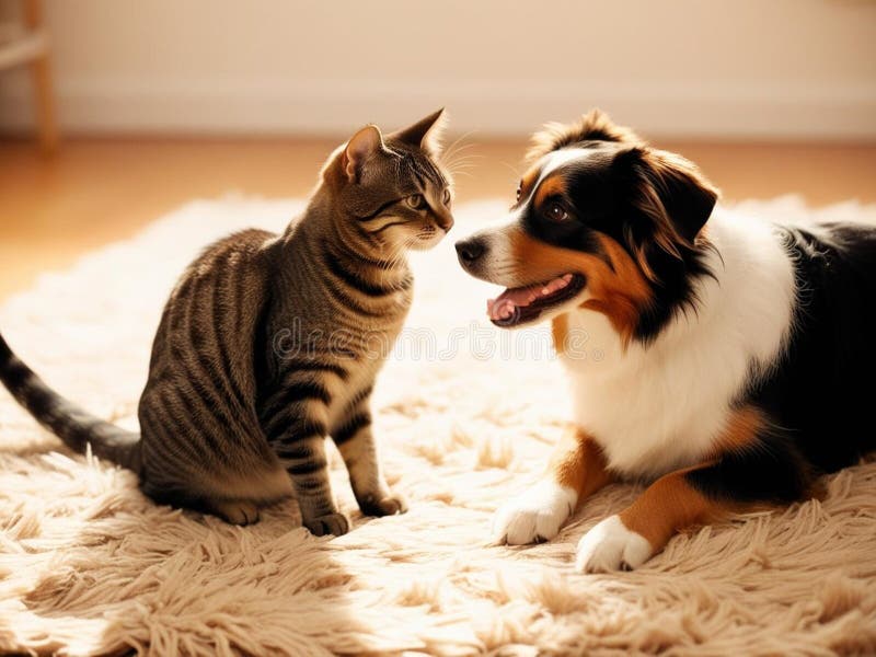 Cat and Happy Dog Together. a Cute Cat and Happy Australian Shepherd ...