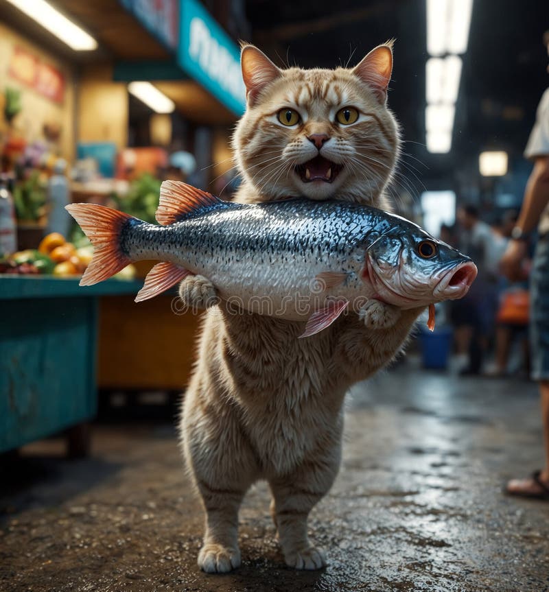 A Cat Happy To Be Given Fish. Stock Illustration - Illustration of cute ...