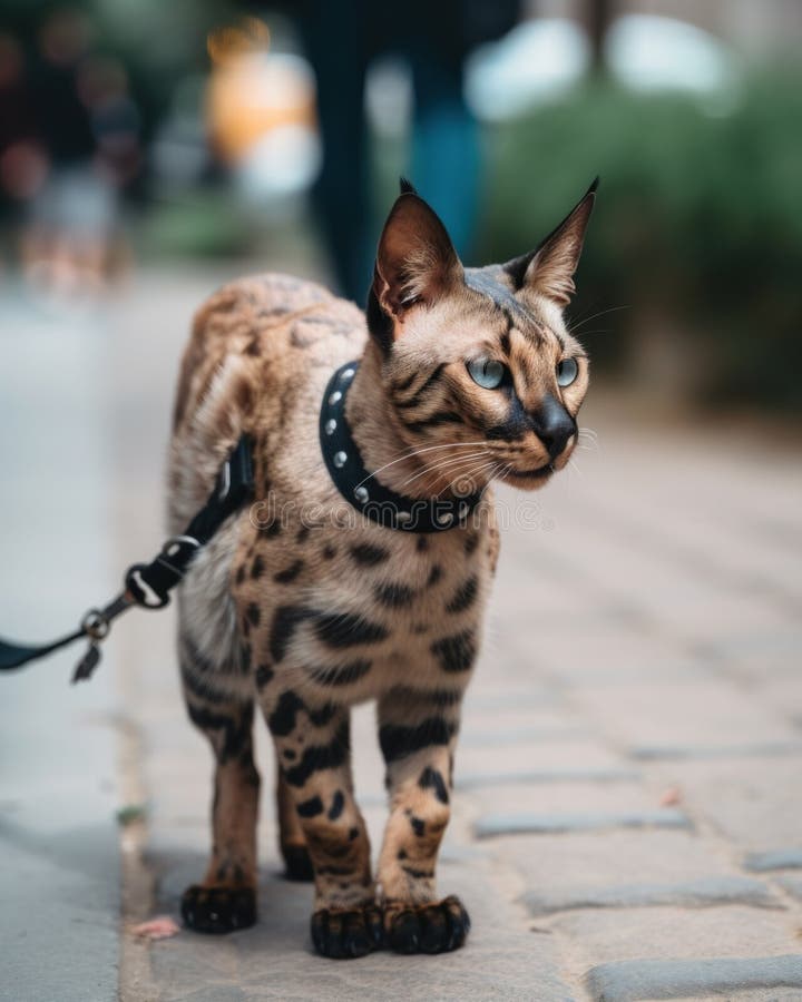 A Cat with a Harness on Walking on a Sidewalk. AI Generative Image ...