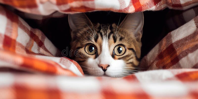 Cat Has Hidden in Fright Under the Checkered Blanke , Concept of ...
