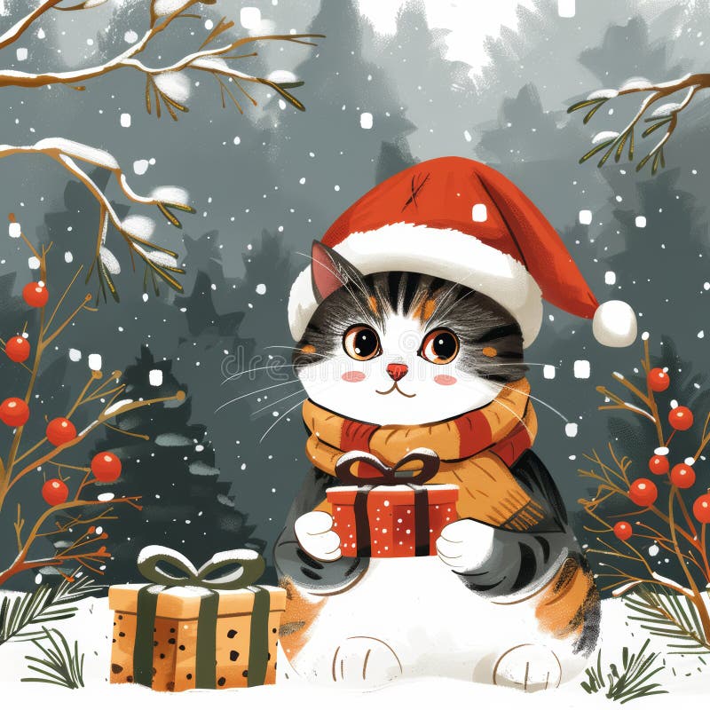 Cat in the Hat Santa with Christmas Gif Stock Illustration ...