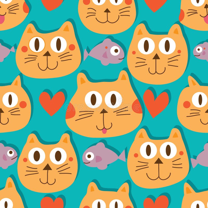 Cat Head Fish Love Cartoon Seamless Pattern Stock Vector - Illustration ...
