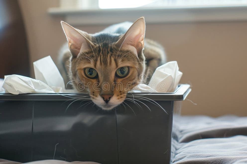 Cat with Head Stuck in Tissue Box, Looking Bewildered Stock Image ...