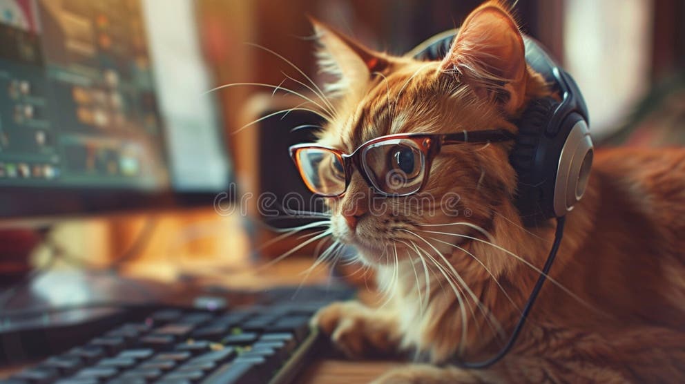 Cat in Headphones at the Computer Stock Illustration - Illustration of ...