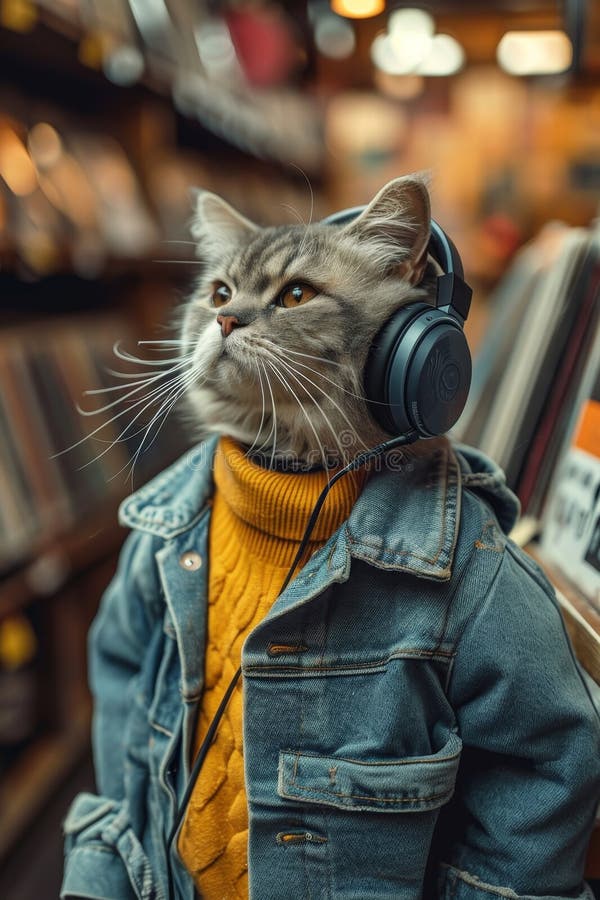 A Cat with Headphones in a Music Store Stock Photo - Image of design ...