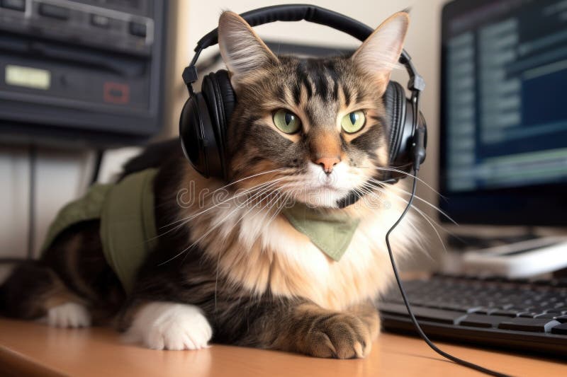 Cat with Headset and Pilot Wings, Preparing for Take-off Stock ...