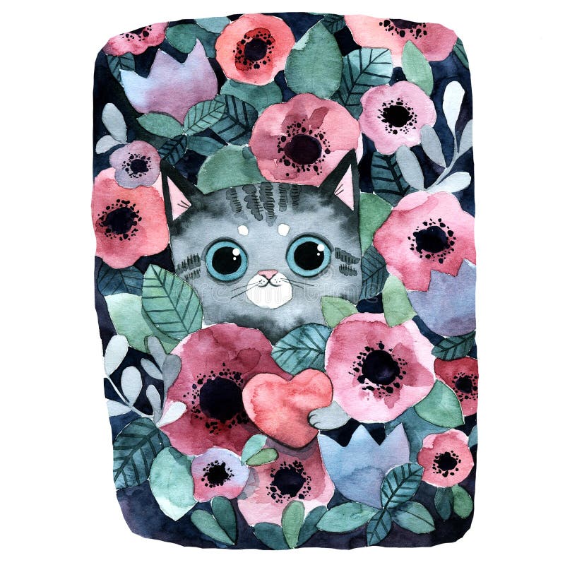 Cat with a Heart in Flowers Stock Illustration - Illustration of ...