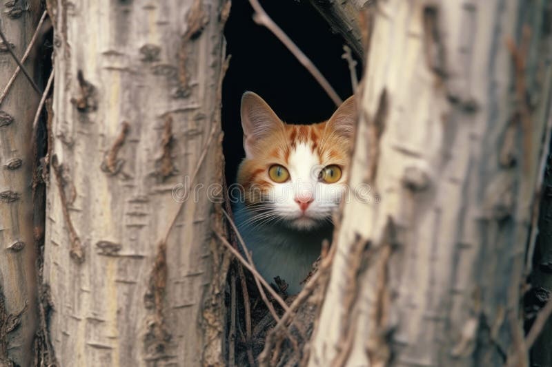 Cat Hiding Behind a Tree, Bird in Sight Stock Image - Image of ...