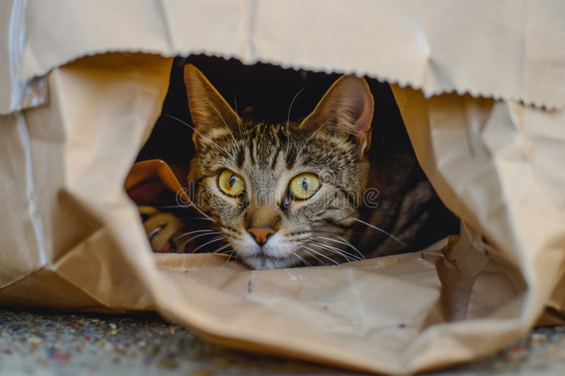Cat Hiding in a Paper Bag, Head Peeking Out Stock Photo - Image of ...
