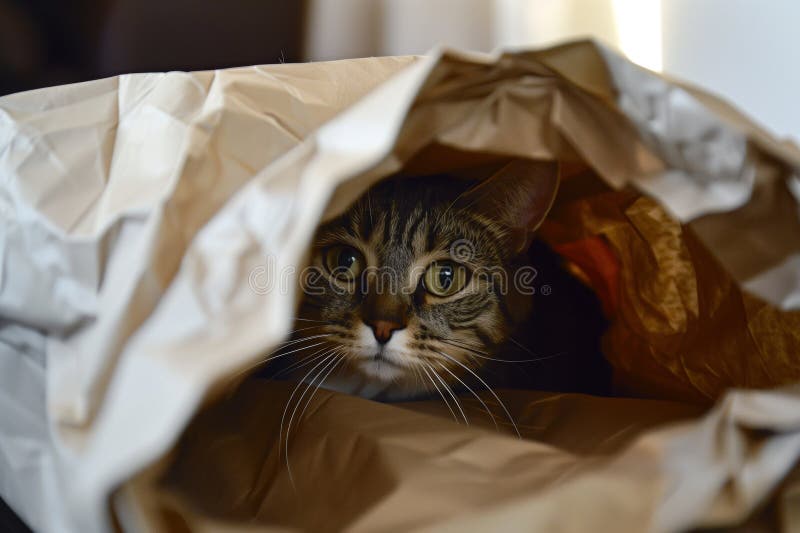 Cat Hiding in a Paper Bag, Head Peeking Out Stock Photo - Image of ...