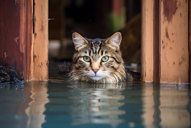 Cat in high flood water stock illustration. Illustration of survival ...