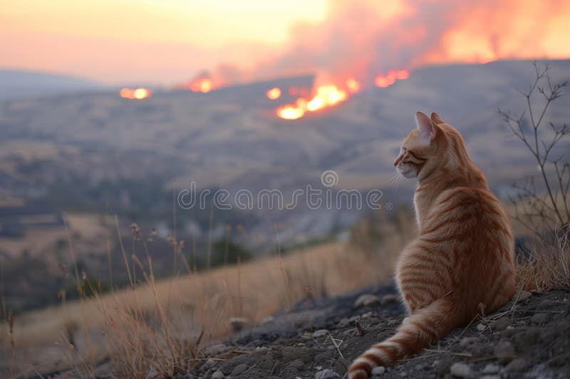 Cat on a Hillside Gazing at Distant Wildfire Stock Image - Image of ...