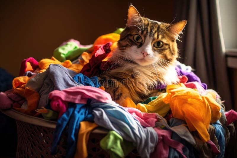 Cat Hitting a Pile of Laundry Off a Laundry Basket Stock Photo - Image ...