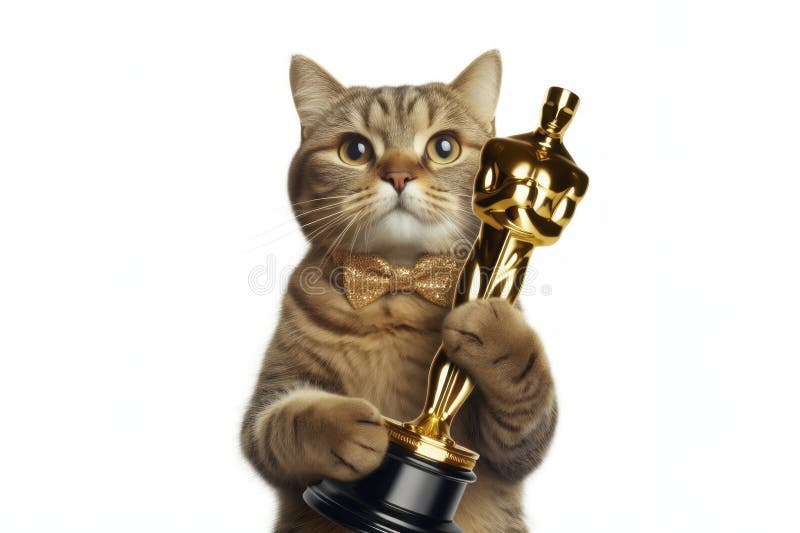 Cat Hold Gold Oscar Statue Isolated on Solid White Background. Ai ...