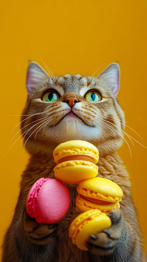 A Cat Holding a Bunch of Macarons in Its Paws Stock Image - Image of ...