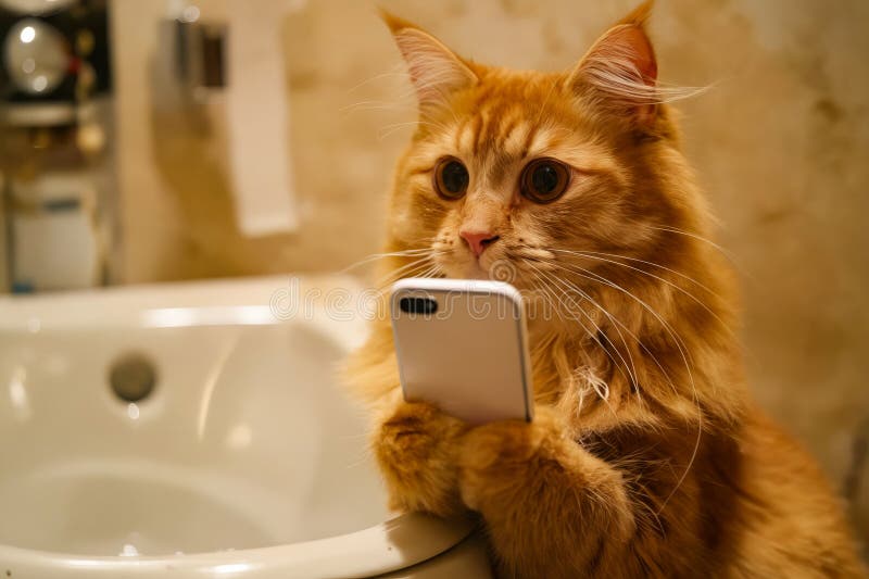 A Cat is Holding a Cell Phone in Front of a Sink. Generative AI Stock ...