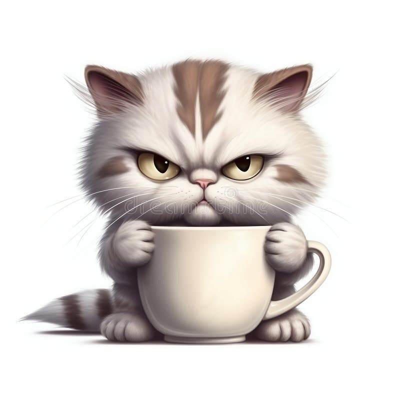 Cat Holding Cup of Coffee between Front Paws Isolated on White ...