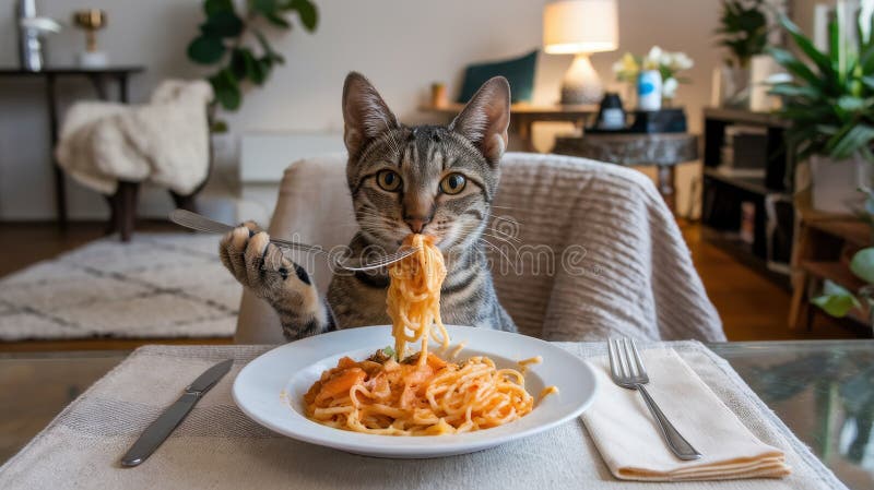 Cat Holding Fork Eating Spaghetti in Domestic Table Setup Stock ...