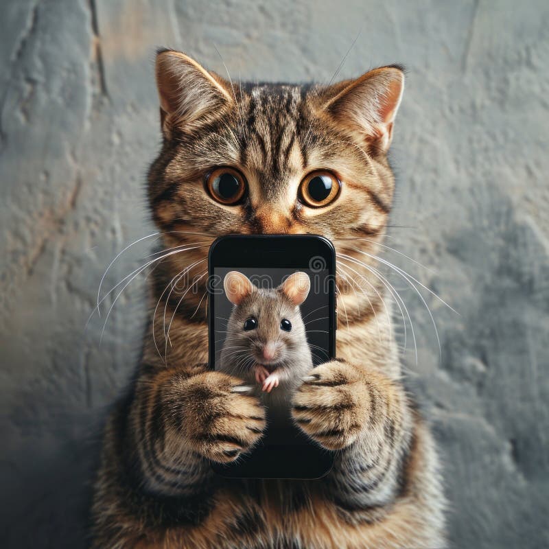 Cat Holding Smart Phone with Mouse Stock Image - Image of animal ...