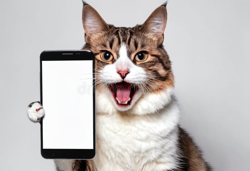Cat Holding Smartphone with White Mockup Screen Stock Illustration ...