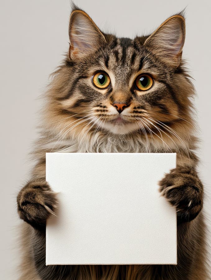 A Cat Holding Up a White Square Empty Canvas in His Paws. Space for ...