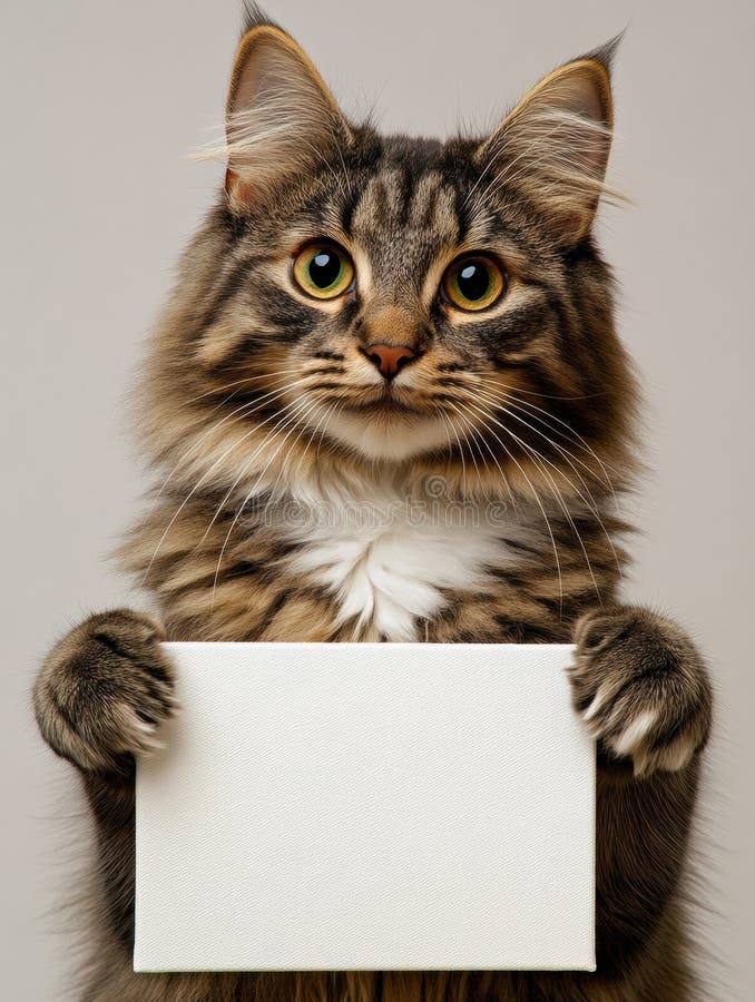 A Cat Holding Up a White Square Empty Canvas in His Paws. Space for ...