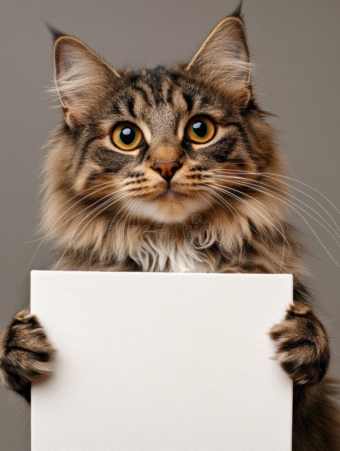 A Cat Holding Up a White Square Empty Canvas in His Paws. Space for ...