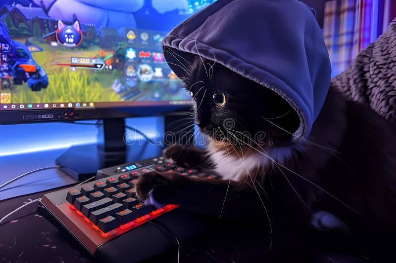 Cat in a Hoodie Typing on a Keyboard, AI-generated. Stock Illustration ...