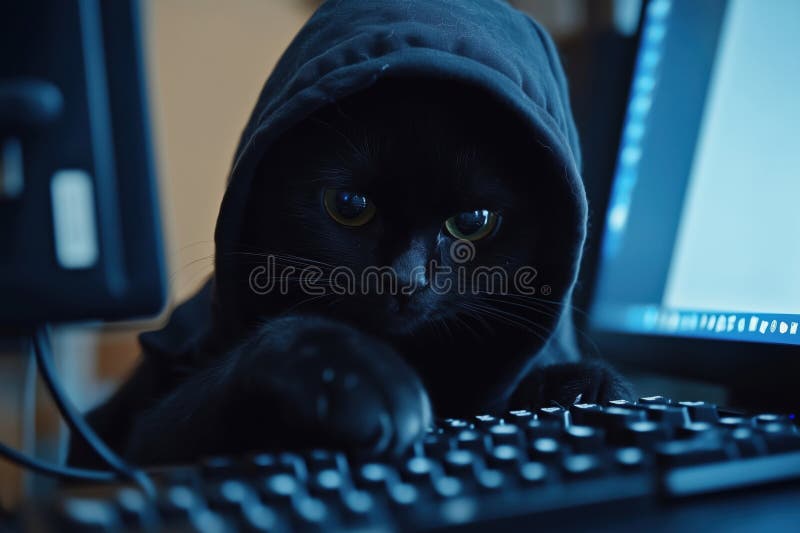 Cat in Hoodie Typing on Keyboard, Focused Expression, Computer Setup ...