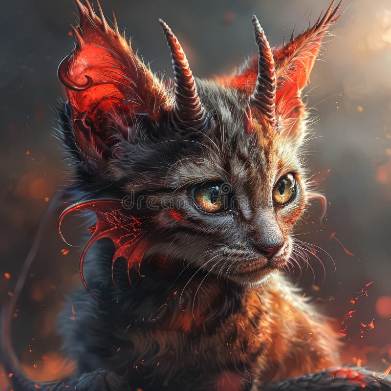 Cat with Horns and a Dragon Tail is Staring at the Camera. Stock ...