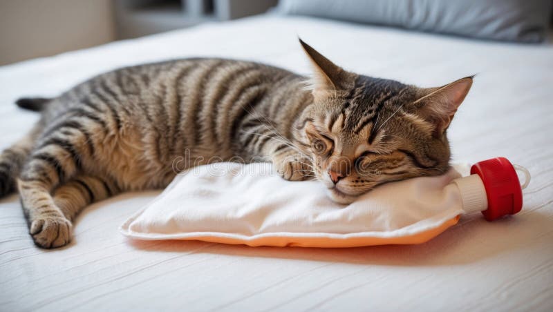 Cat with Hot Water Bottle and Lethargic Expression Stock Illustration ...