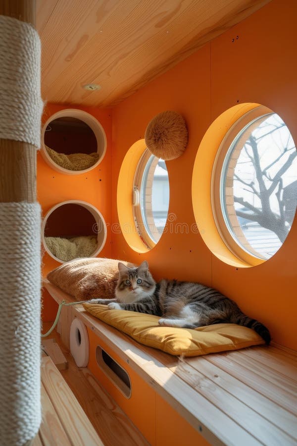 A Cat House with Many Cat Houses and a Cat Laying on a Cat House Stock ...