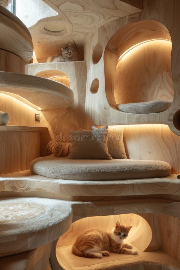 A Cat House with Many Cat Houses and a Cat Laying on a Cat House Stock ...