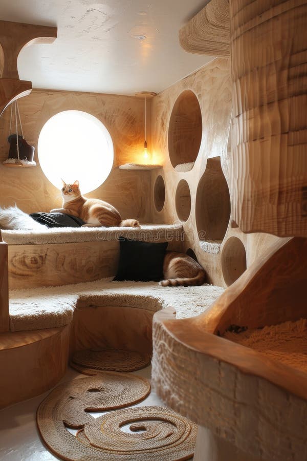 A Cat House with Many Cat Houses and a Cat Laying on a Cat House Stock ...