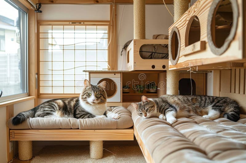 A Cat House with Many Cat Houses and a Cat Laying on a Cat House Stock ...