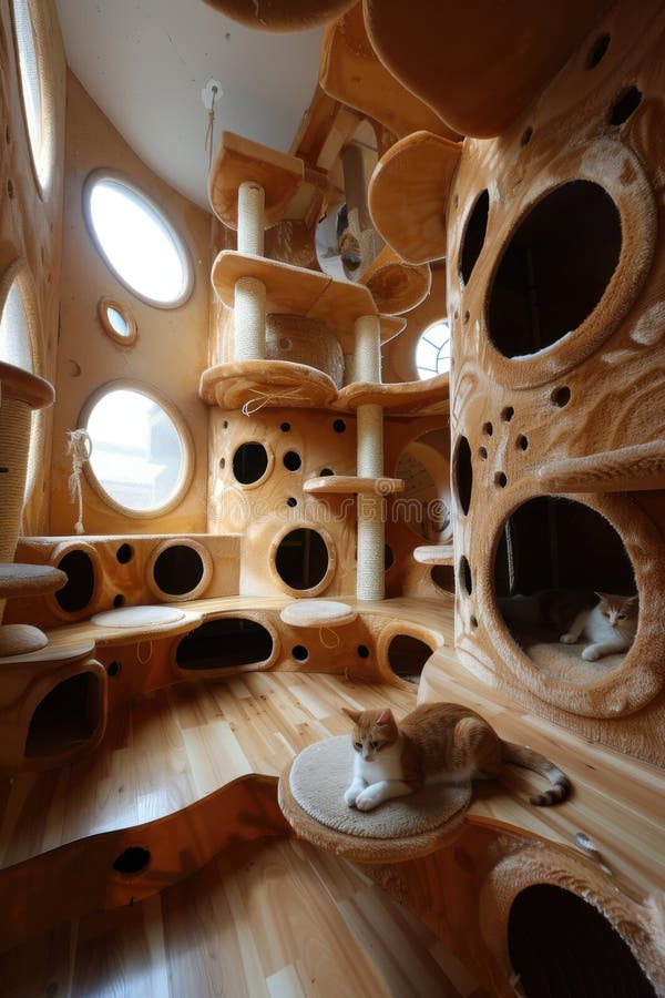 A Cat House with Many Cat Houses and a Cat Laying on a Cat House Stock ...