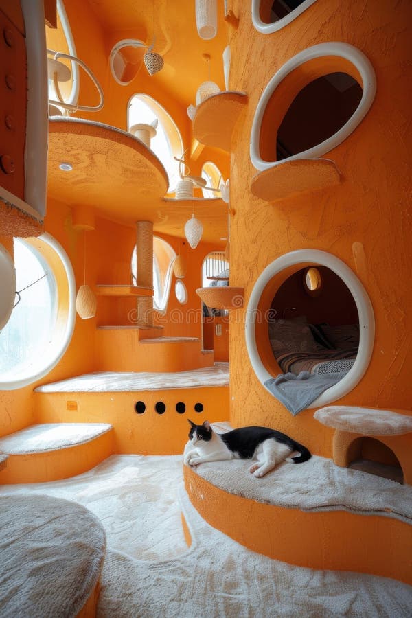 A Cat House with Many Cat Houses and a Cat Laying on a Cat House Stock ...