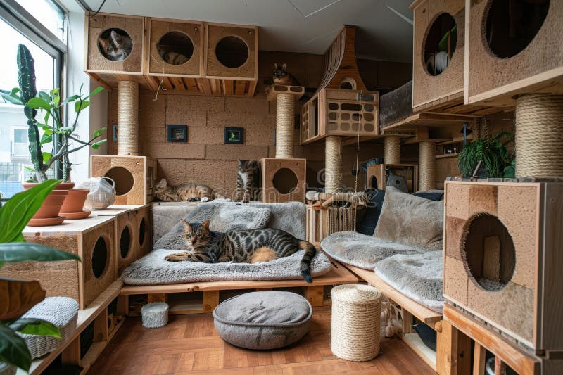 A Cat House with Many Cat Houses and a Cat Laying on a Cat House Stock ...