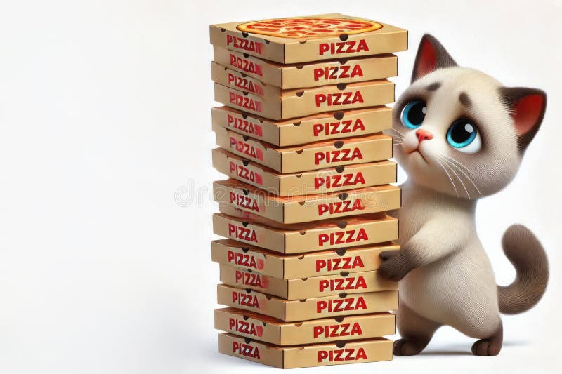 A Cat with a Huge Tower of Pizza Boxes. Space for Text. Stock Photo ...