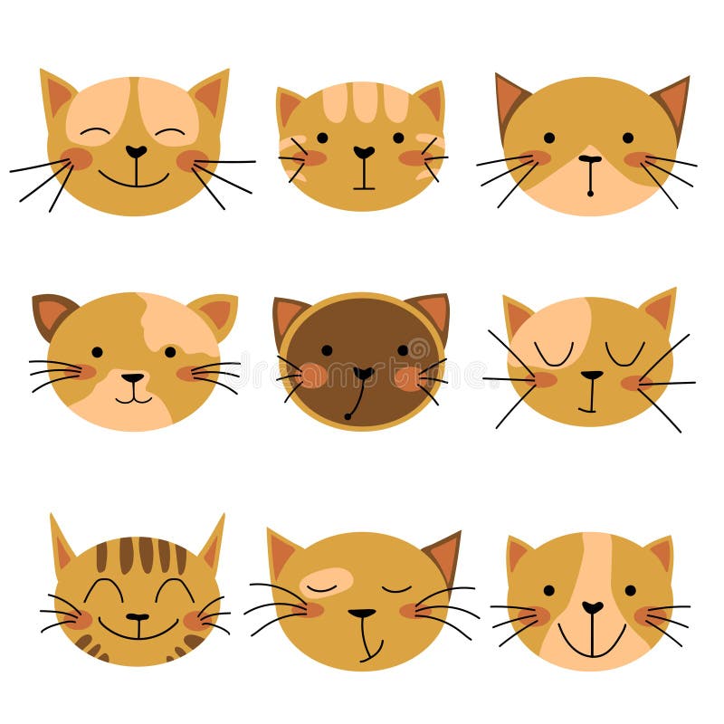 Cat Icon Set. Smiling Cat, Happy Cat, Serious Cat, Sad Cat, Unhappy Cat ...