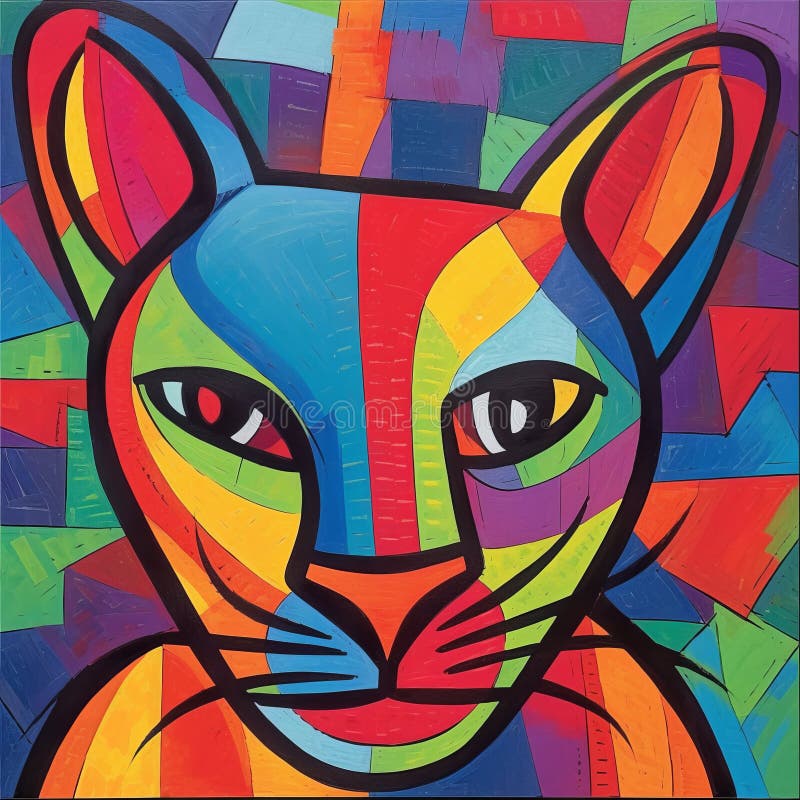 Colorful Cat Painting in Bold Style on Large Canvas Stock Illustration ...