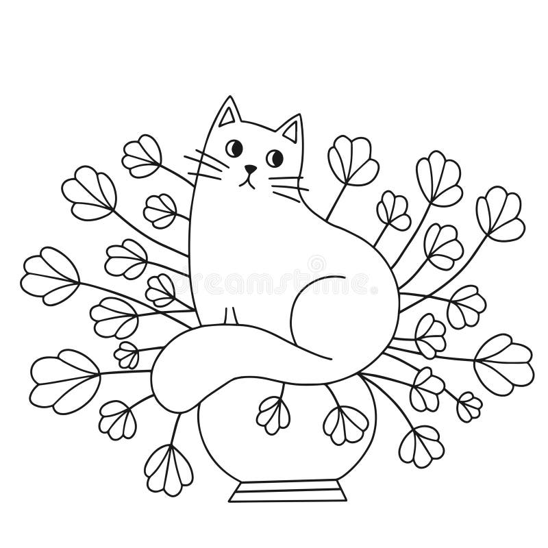 Cat and Indoor Flower, Line Drawing. Stylized Character for Coloring ...