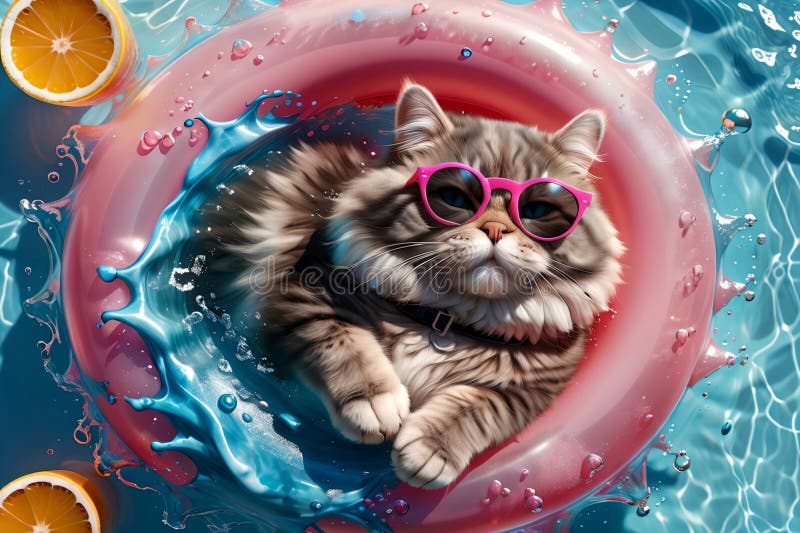 Cat in an Inflatable Ring Floats on the Sea, Top View Stock Image ...