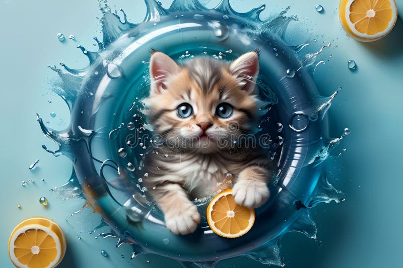 Cat in an Inflatable Ring Floats on the Sea, Top View Stock Image ...